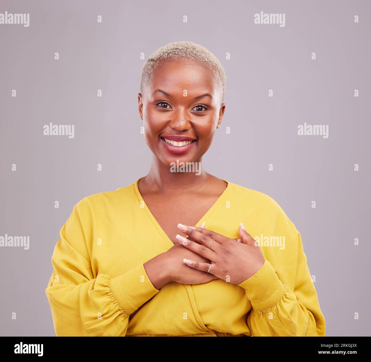 Gratitude, happy and portrait of a black woman in a studio with sweet ...
