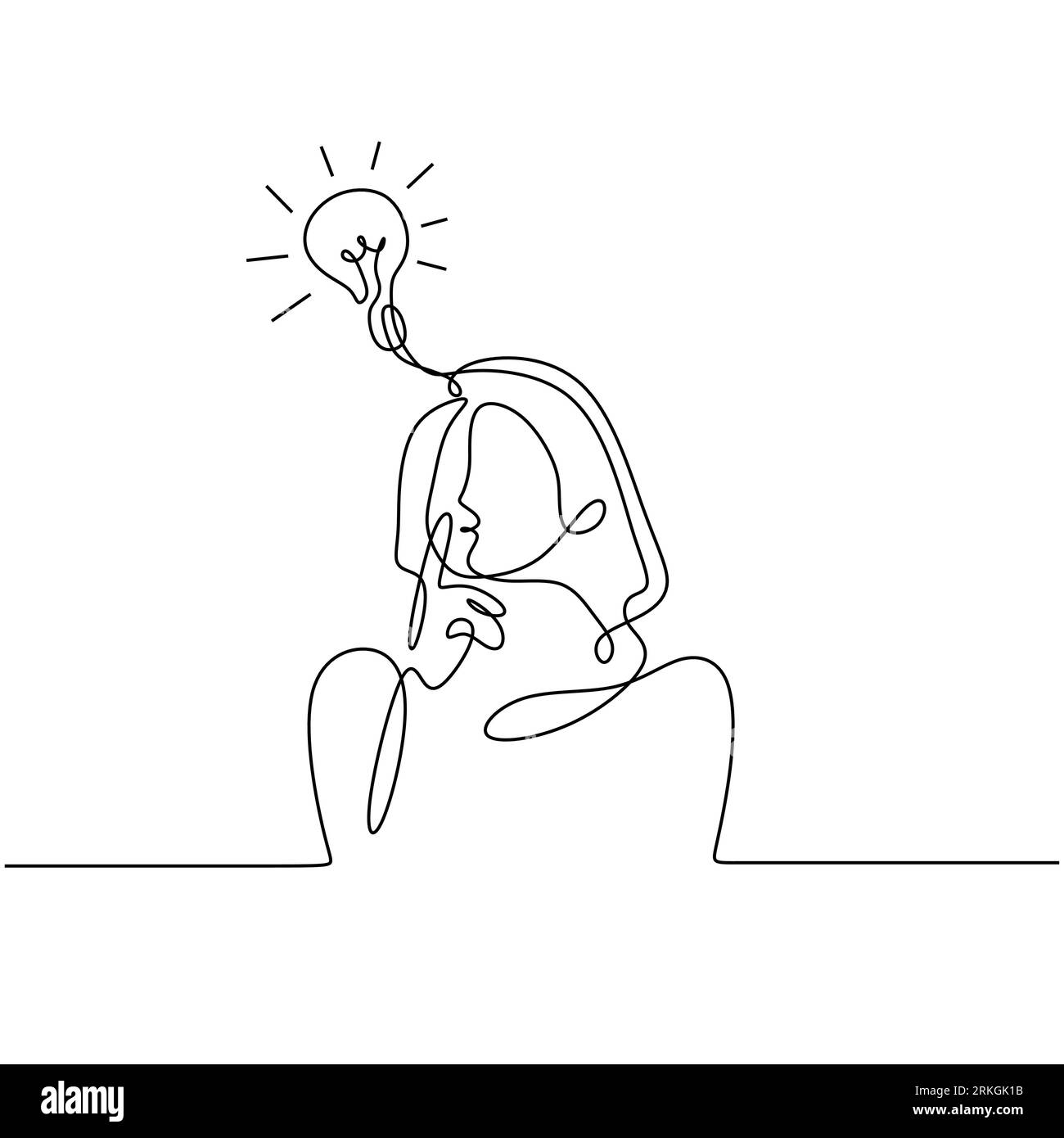 Continuous one drawn line of a woman thinking with light bulb above her ...