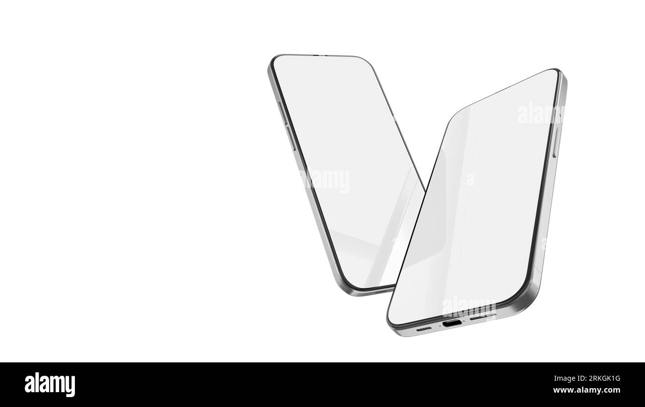 Two smartphones side by side with modern bezel-less blank screens. 3D ...