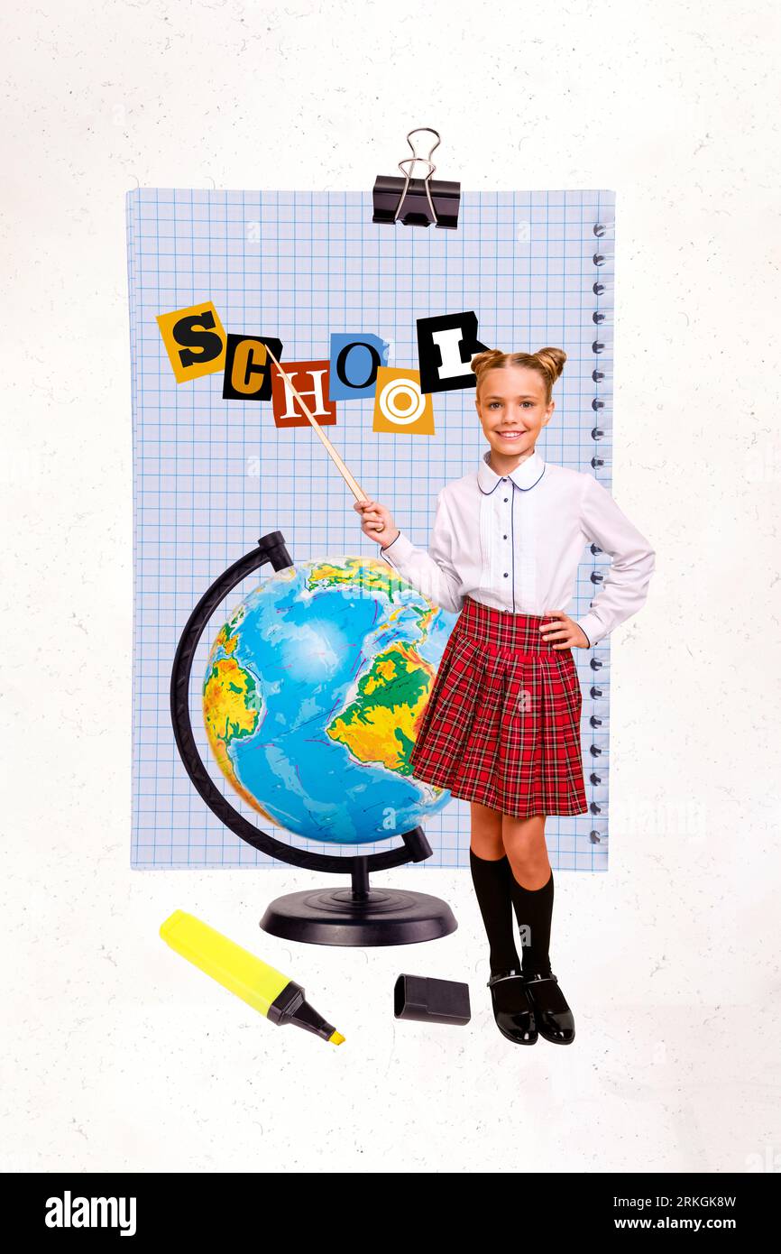 Vertical collage picture of mini clever girl hold pointer big school ...