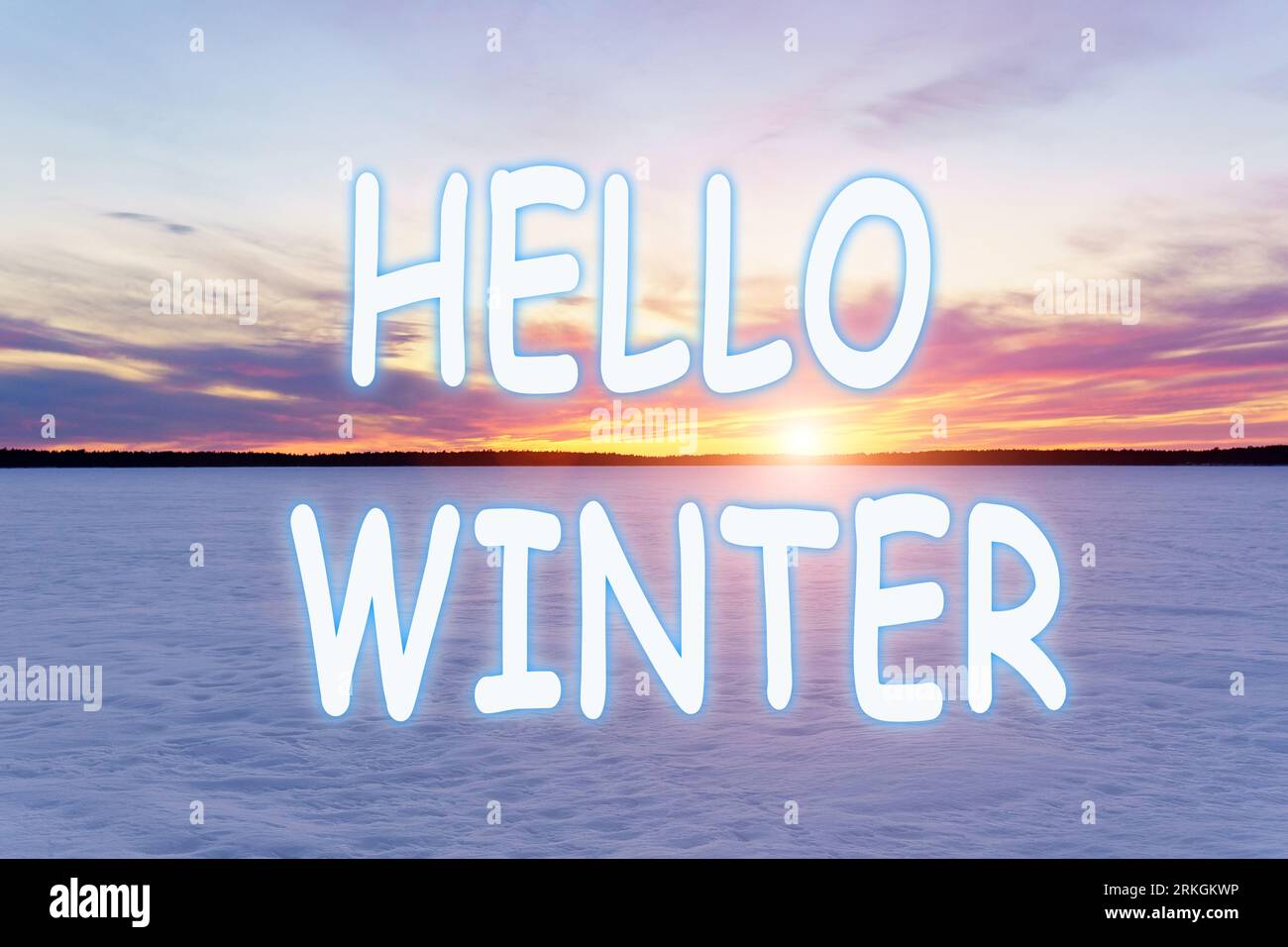 Hello Winter lettering inscription. Winter nature and landscape. sunset ...