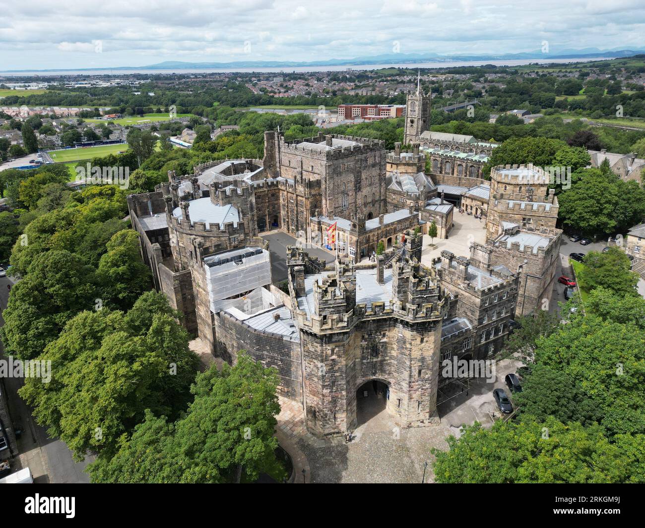An aerial view of the Lancaster Castleand the city skyline amidst a ...