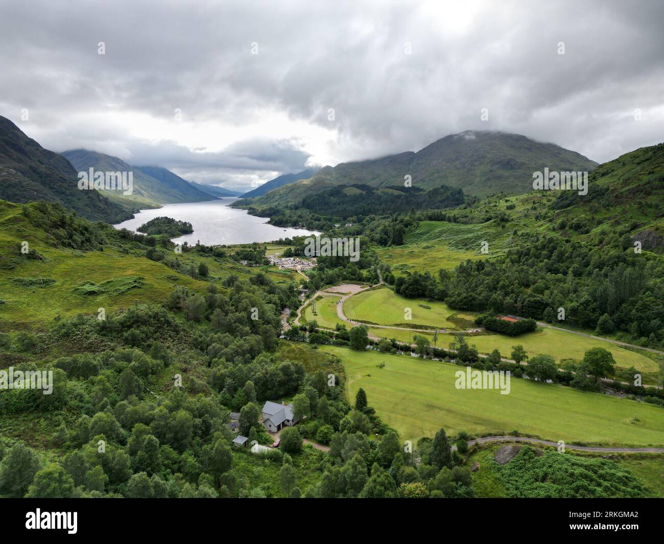An aerial view of the Glenfinnan Viaduct and Loch Shiel in the ...