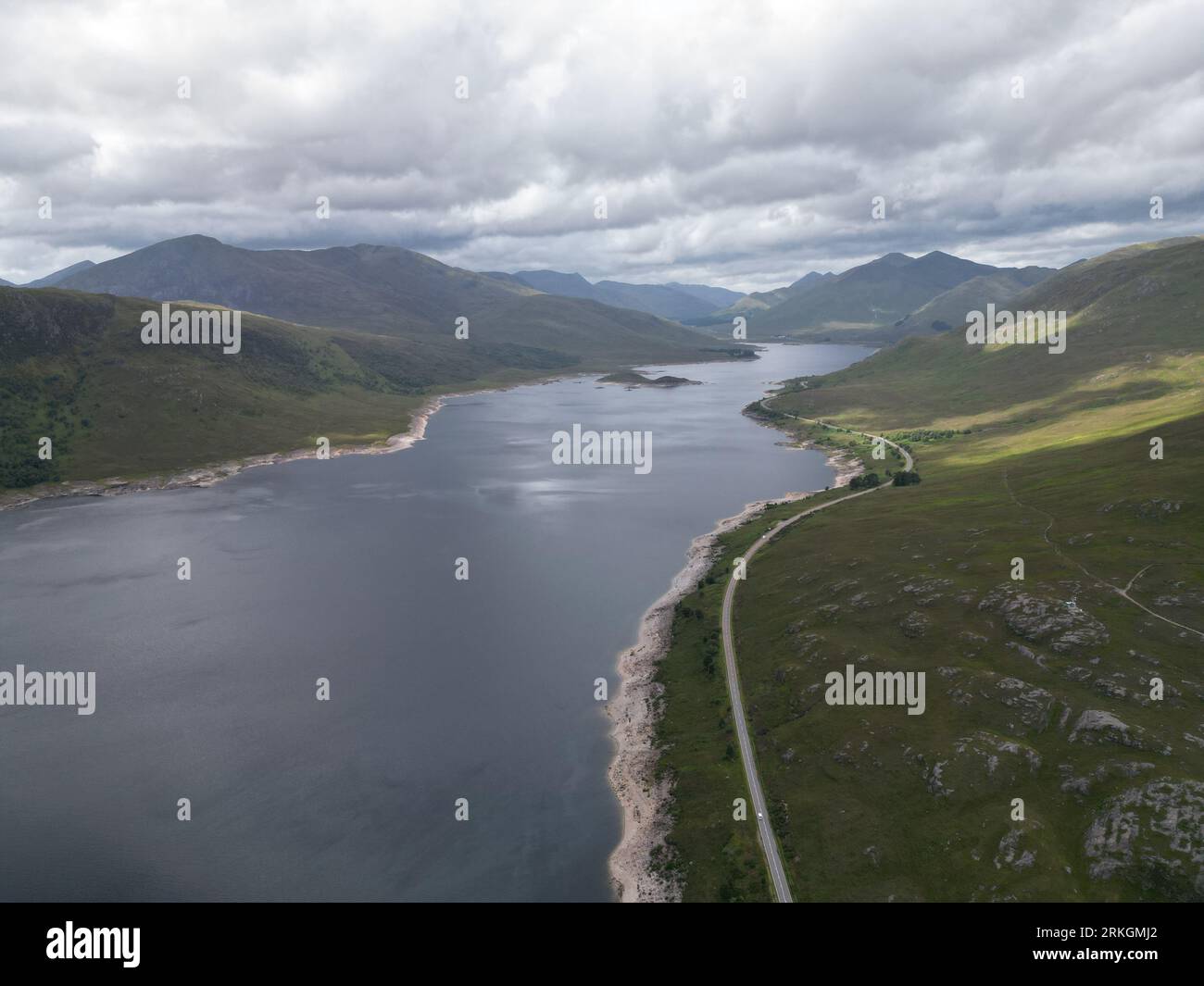 An aerial view of Loch Cluanie in the Highlands of Scotland, surrounded ...