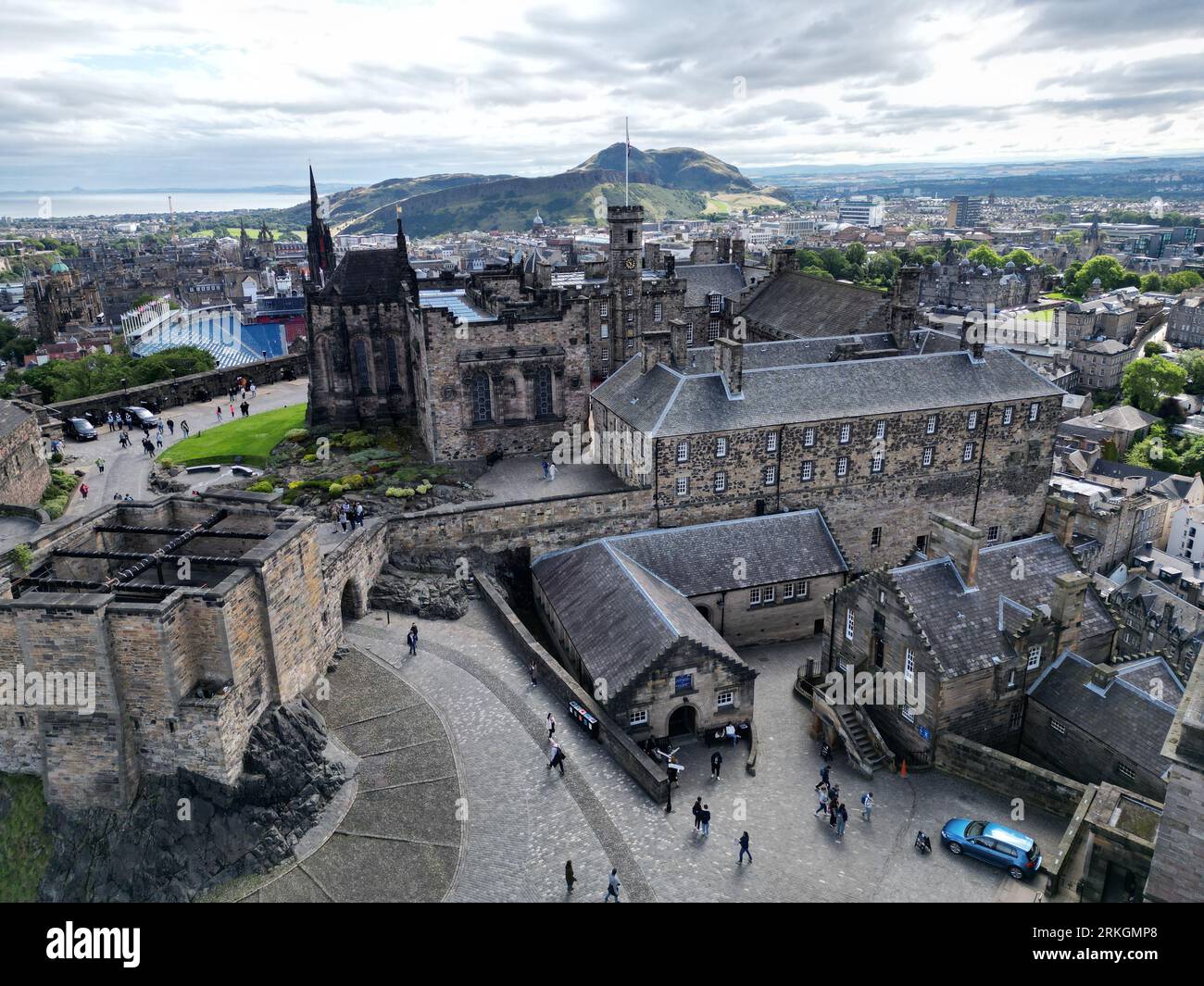 An aerial view of a historic Edinburgh Castle, in Scotland surrounded ...