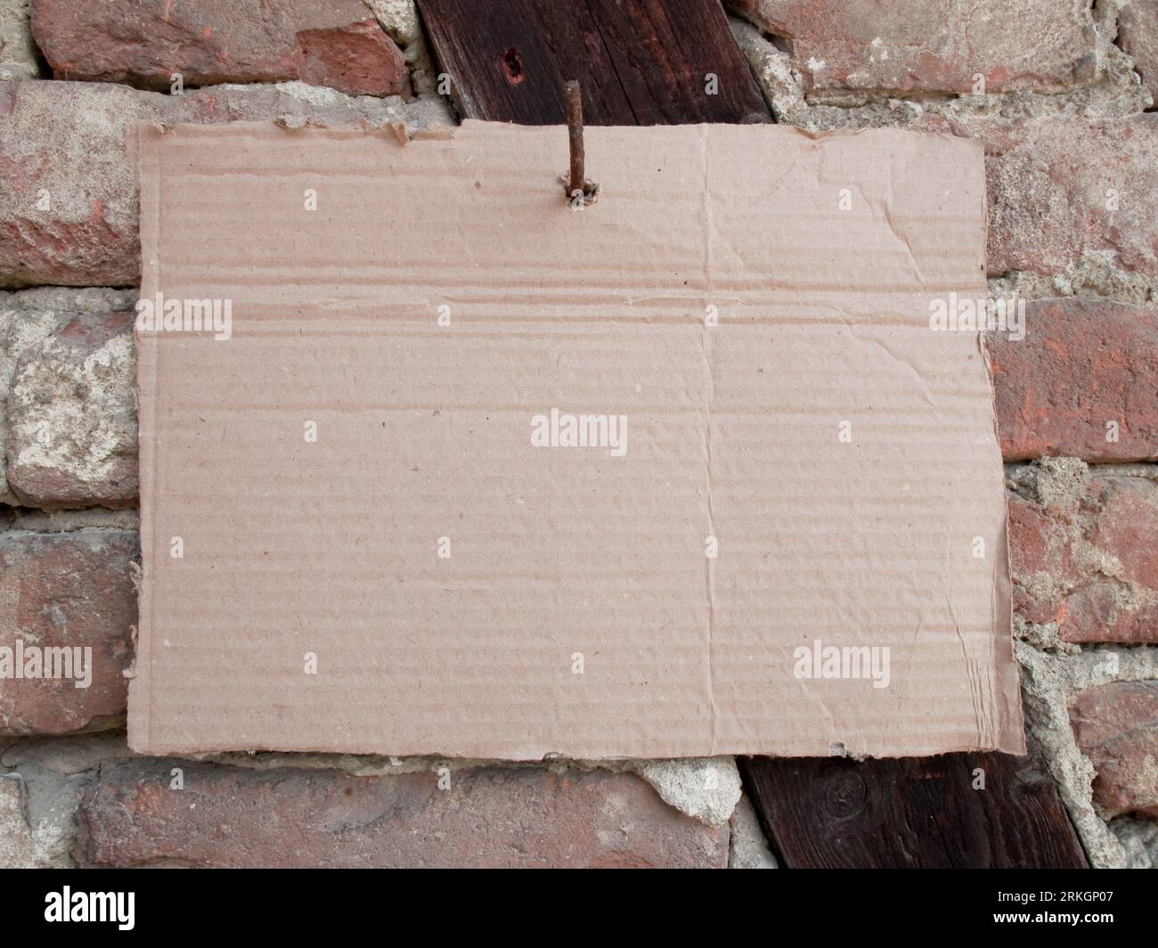 A close-up of a piece of cardboard hanging from a nail in front of an ...