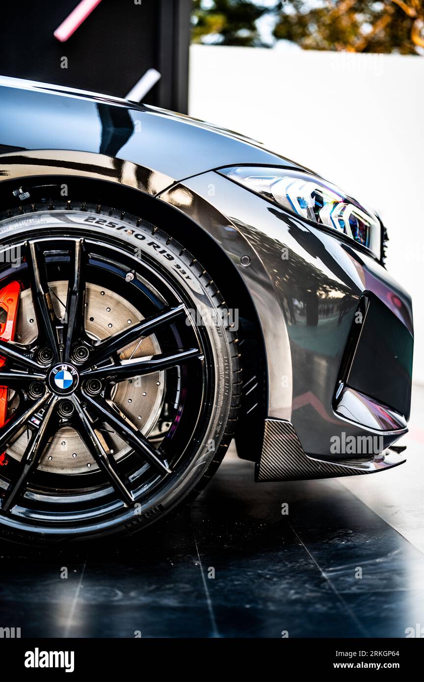 A closeup of a vibrant grey BMW M340i with a blurry background Stock ...