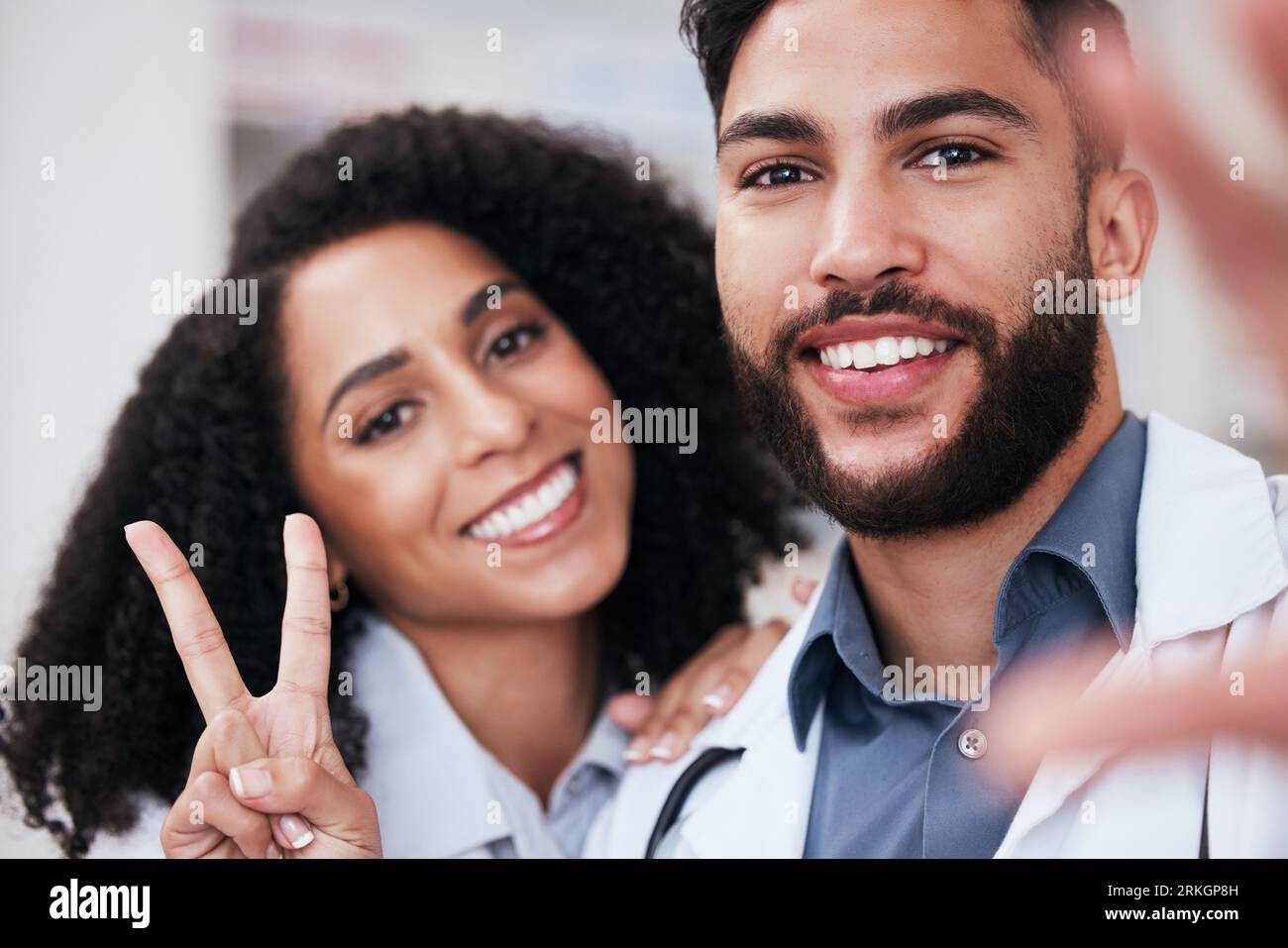 Pharmacy, peace sign and selfie portrait of people for social media, profile picture and website ...