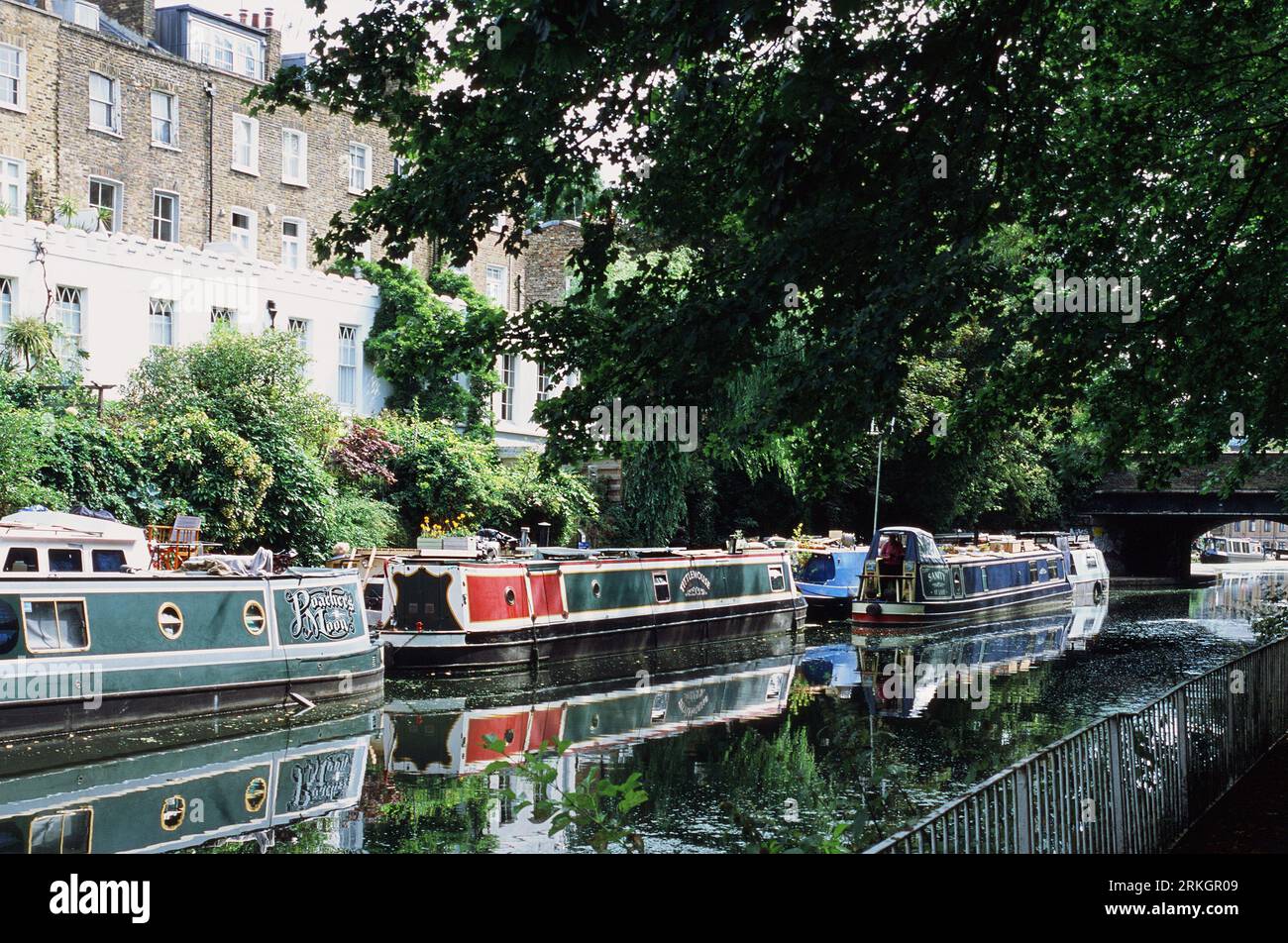 Colourful houseboats on the Regent's Canal at Islington, London UK, in ...