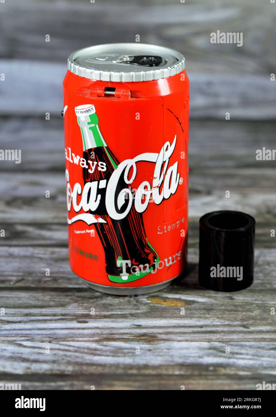 Giza, Egypt, August 19 2023: Coca-Cola reusable film camera, build in ...