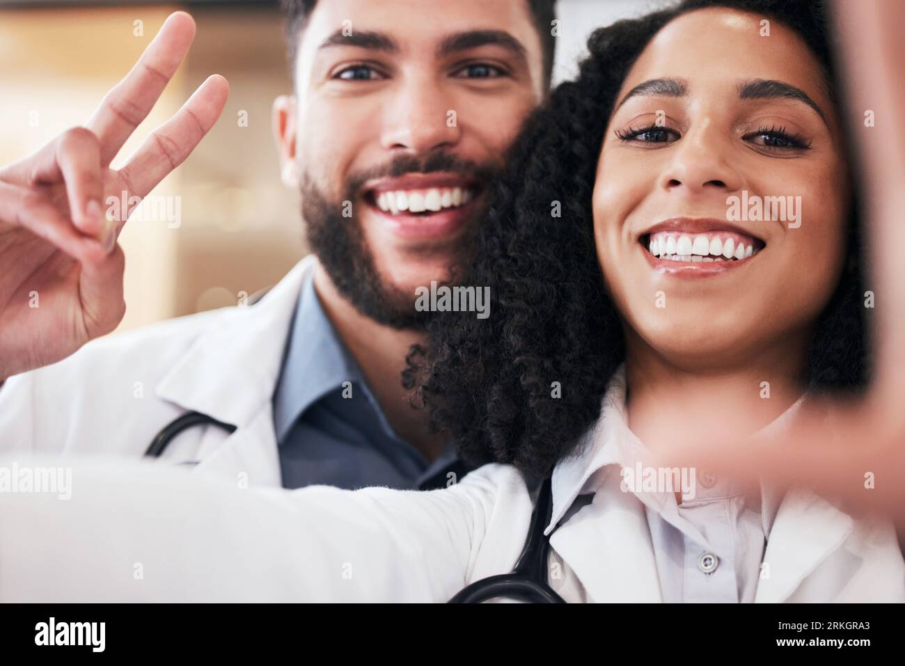 Pharmacy, peace sign and selfie portrait of pharmacists for social media, profile picture and ...