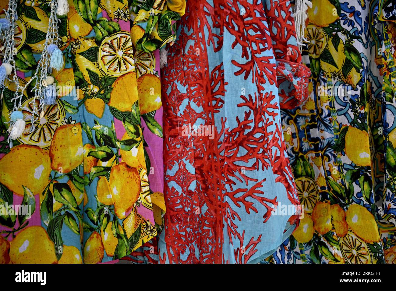 Traditional colorful Sicilian fabrics on display in Cefalù Sicily ...