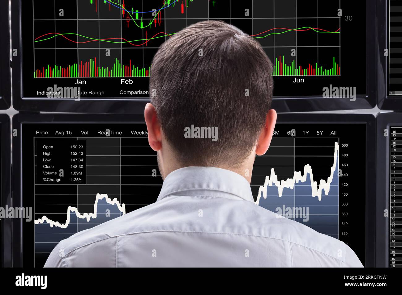 Side View Of A Young Male Stock Market Broker Analyzing Graphs On ...