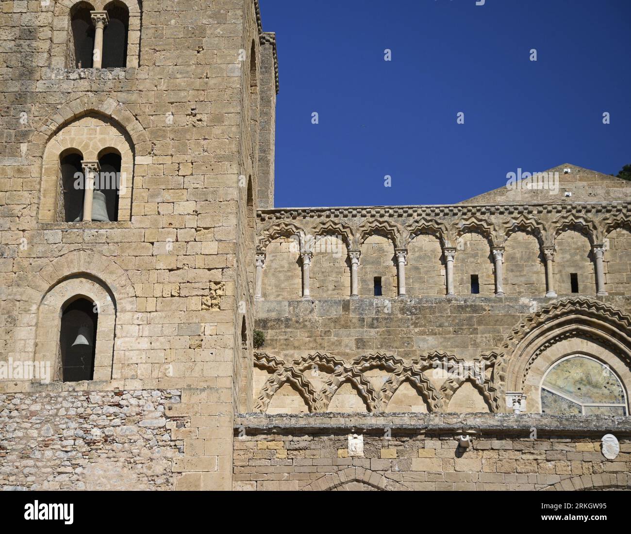 Scenic bell tower and facade view of the Norman-Arab-Byzantine style ...