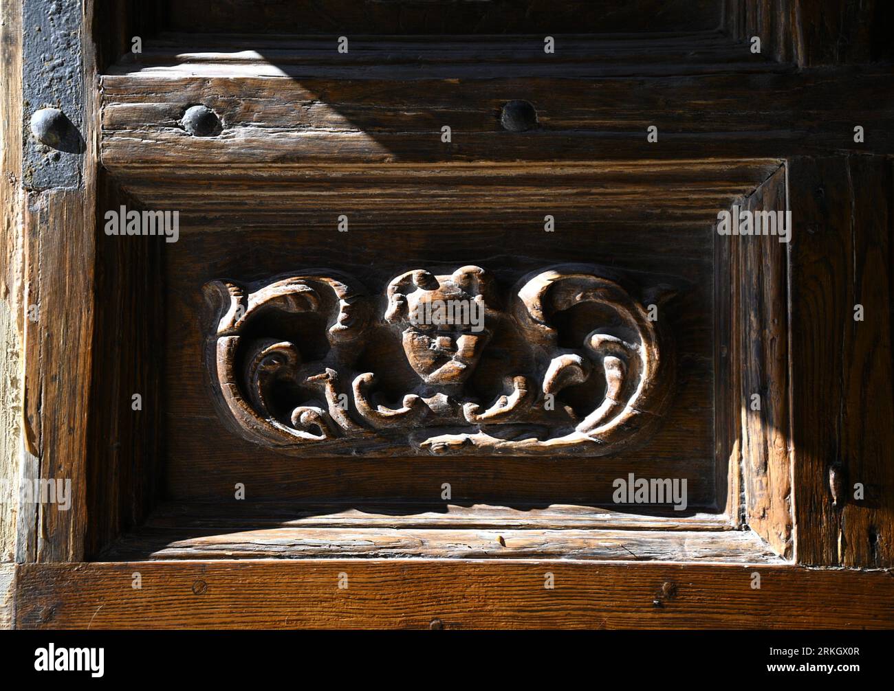 Antique hand carved oak portal detail of the Arab-Norman-Byzantine ...