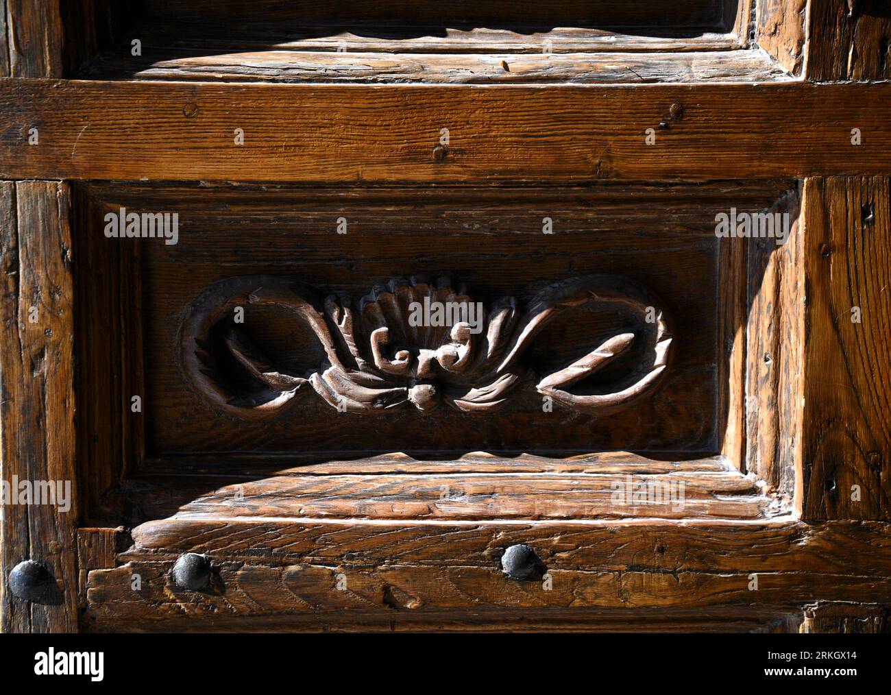 Antique hand carved oak portal detail of the Arab-Norman-Byzantine ...