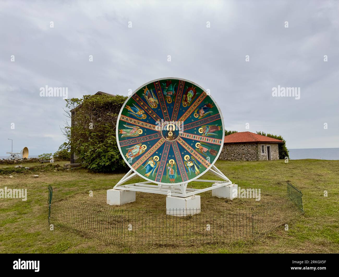 High-resolution photograph of an artistic sculpture of a wheel in vivid ...