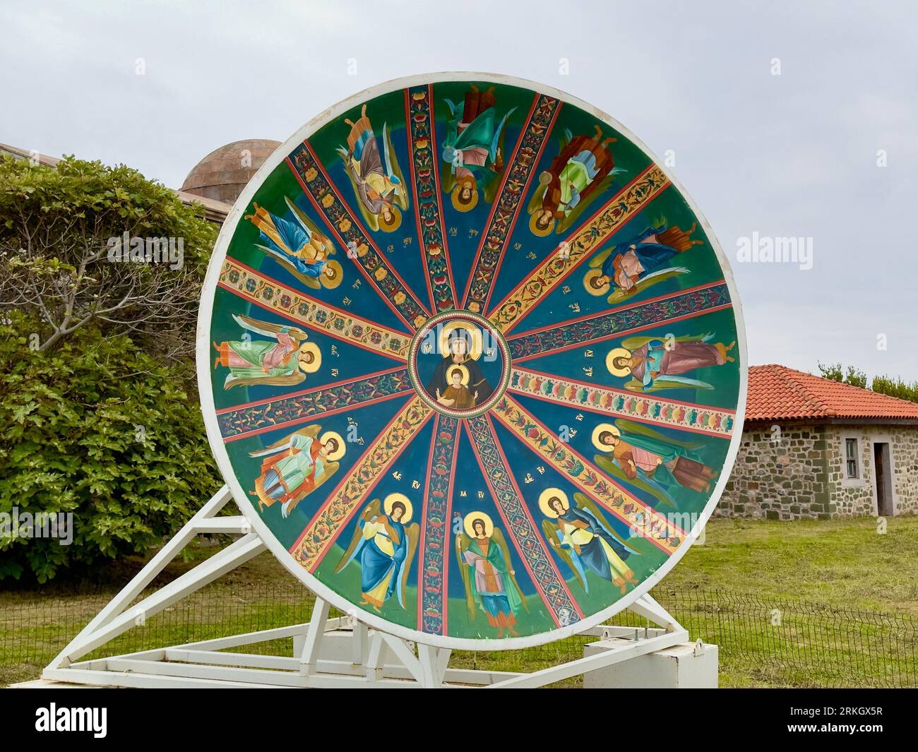 High-resolution photograph of an artistic sculpture of a wheel in vivid ...