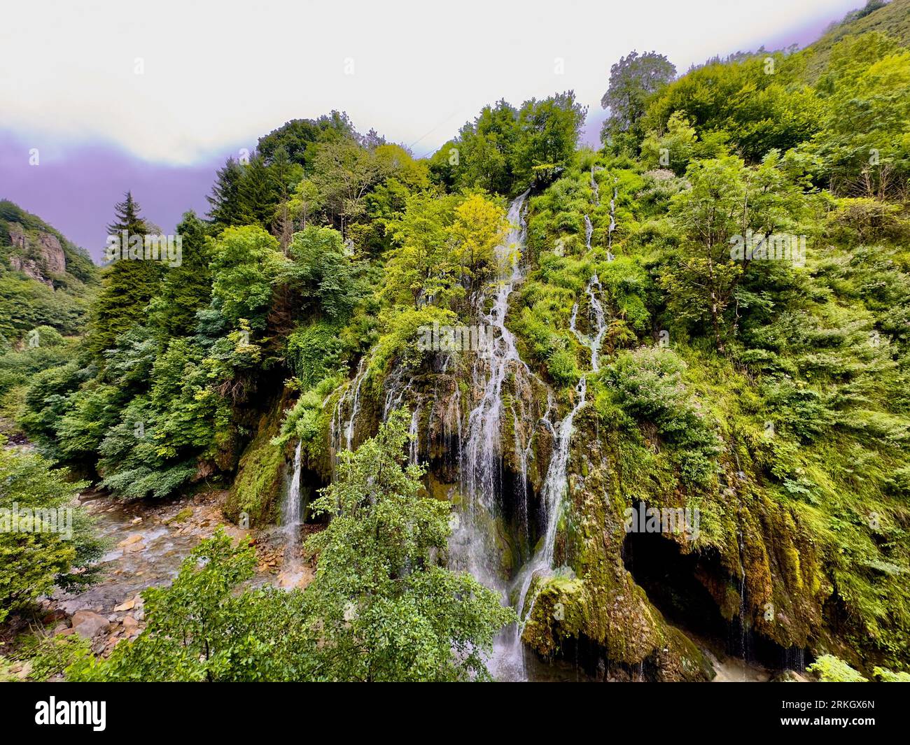 Aerial view of the Giresun Kuzalan Waterfall in Turkey, featuring a ...