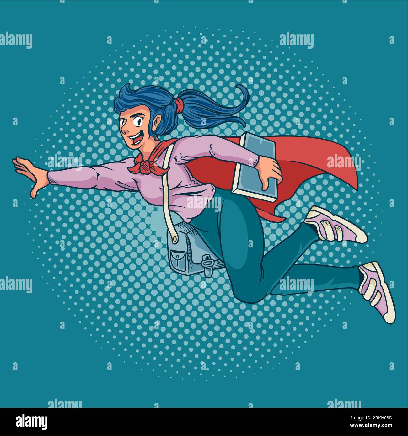 Girl Superhero Flying In A Futuristic Space Suit A Smiling Woman