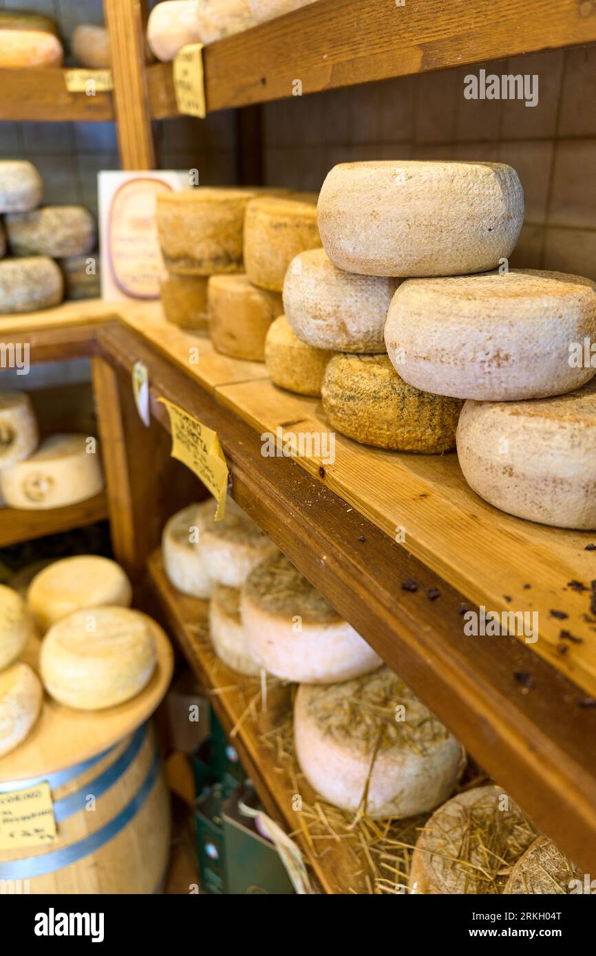A diverse selection of cheeses are displayed on shelves in a retail ...