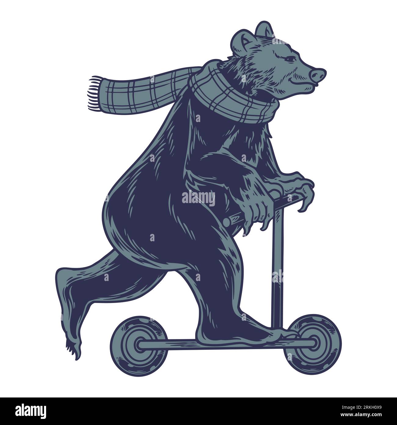 Cool bear wearing scarf on scooter. Vintage fun teddy bear on kick ...