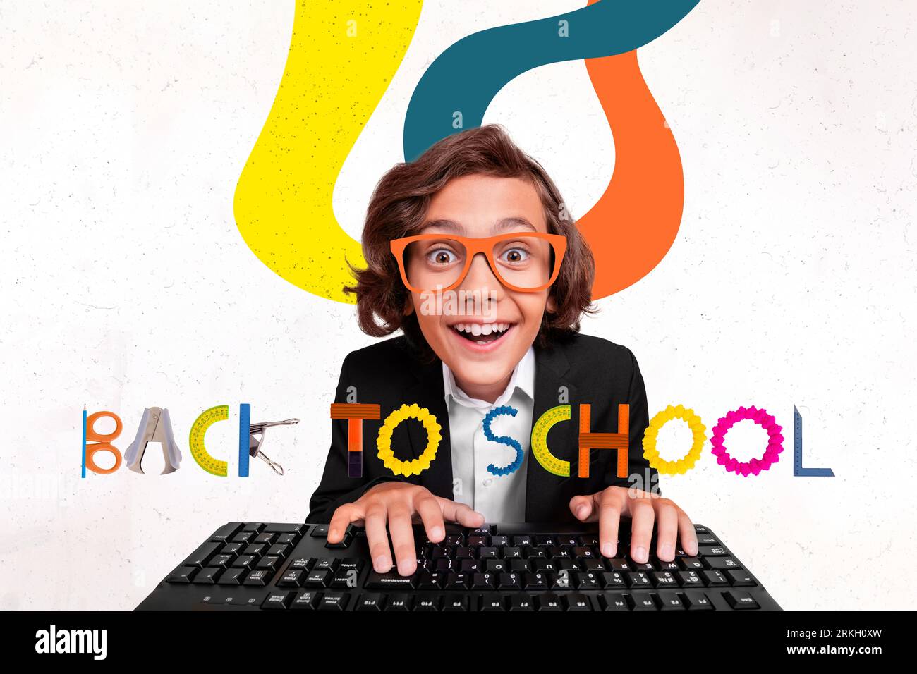 Collage picture of astonished excited happy boy typing write keyboard ...