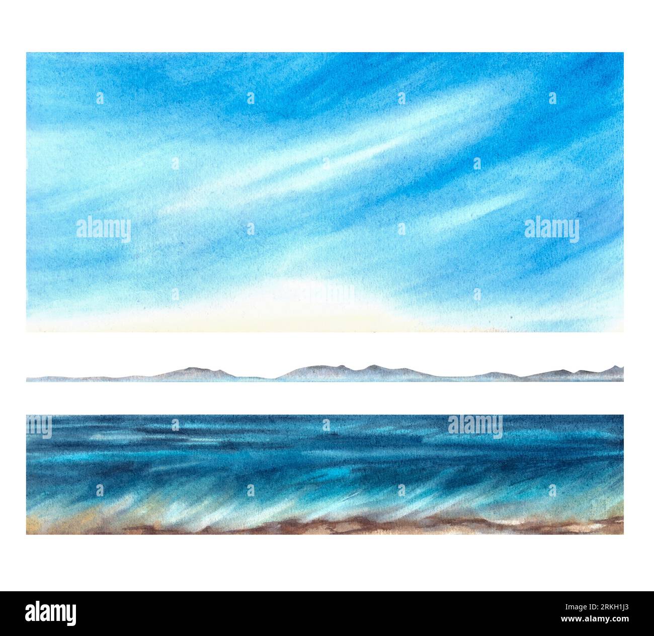 Beautiful blue seascape set. Skyline, waves, sea foam, turquoise water ...