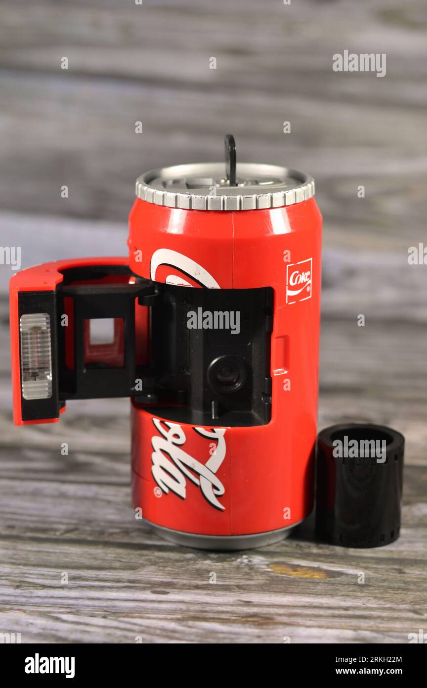 Giza, Egypt, August 19 2023: Coca-Cola reusable film camera, build in ...