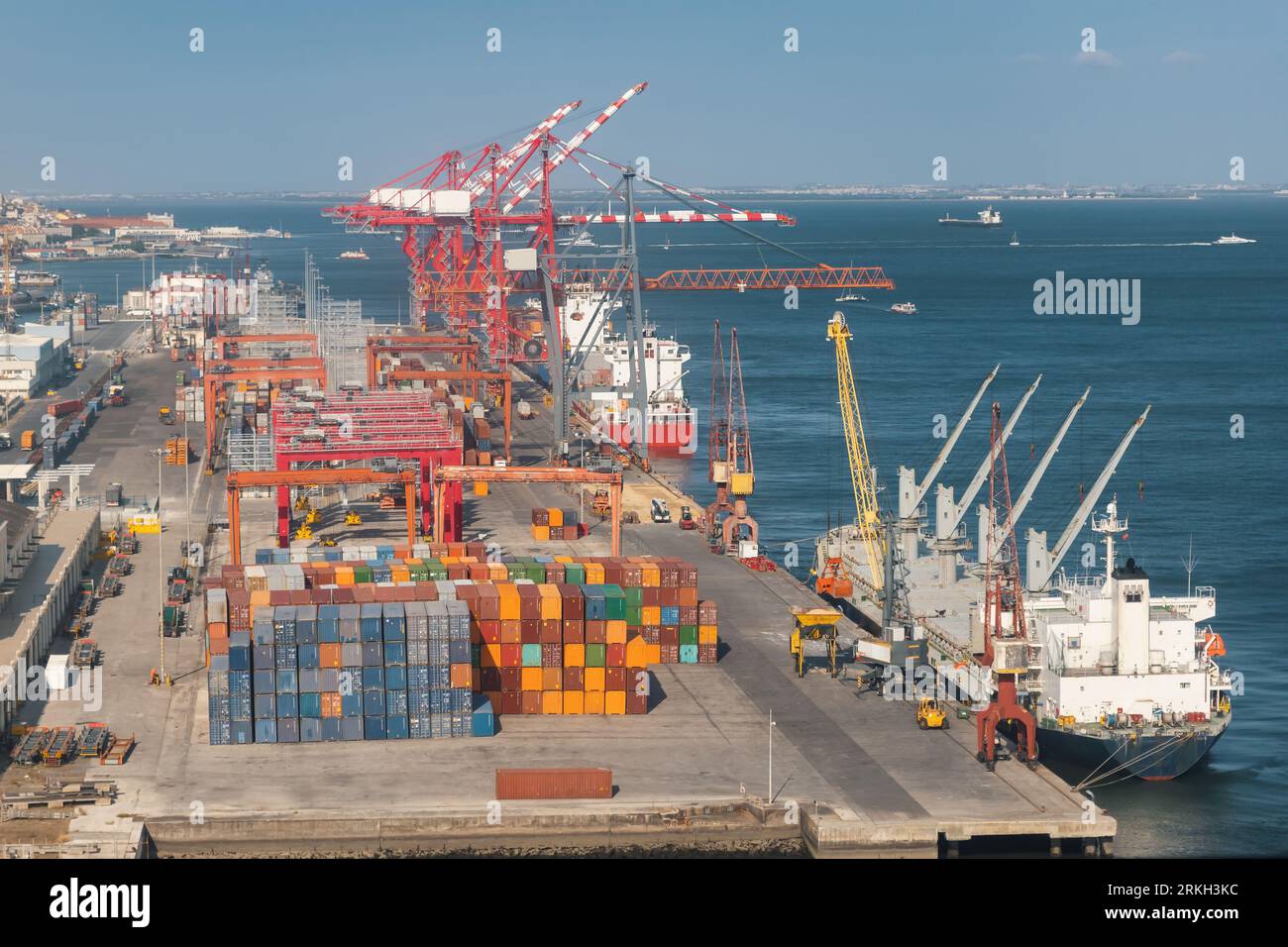 Ships stand at the seaport with large loading cranes. Mid shot Stock ...