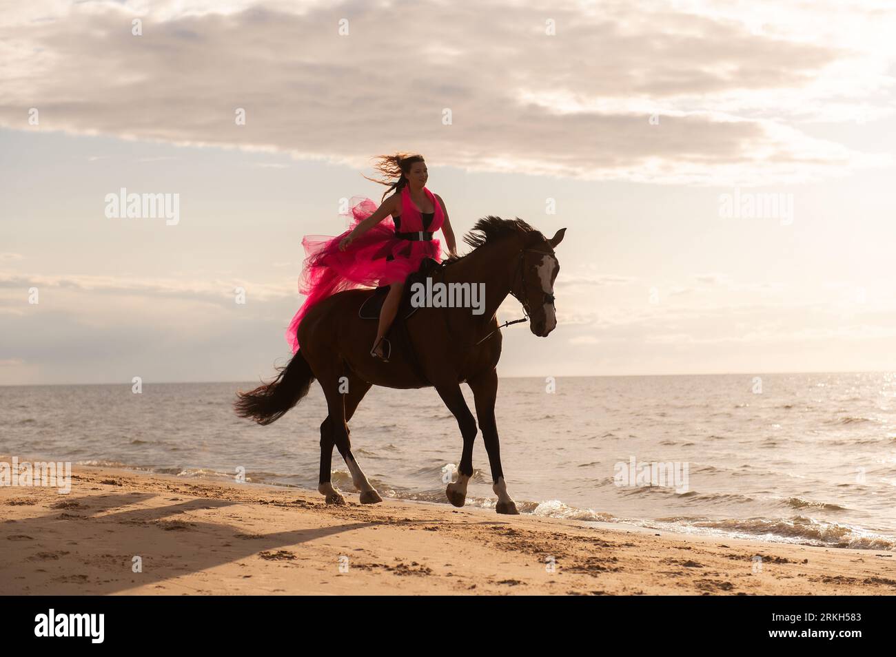 A female equestrian wearing a pink dress rides a brown horse along a ...