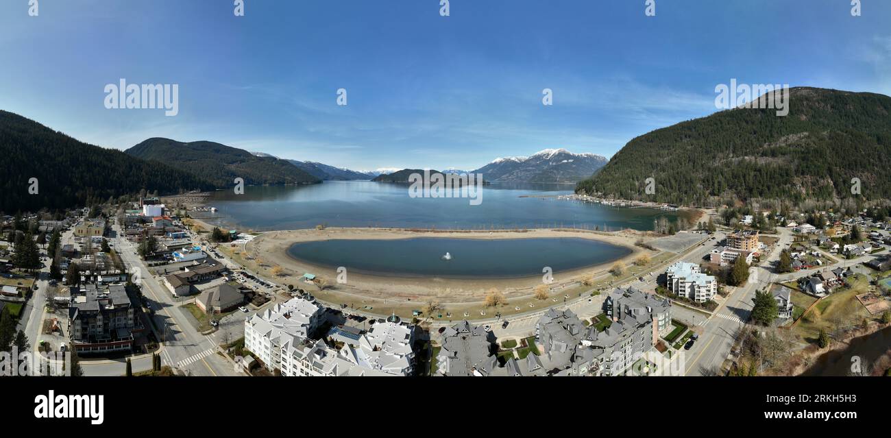 A stunning aerial panoramic view of Harrison Lake in Canada, surrounded ...