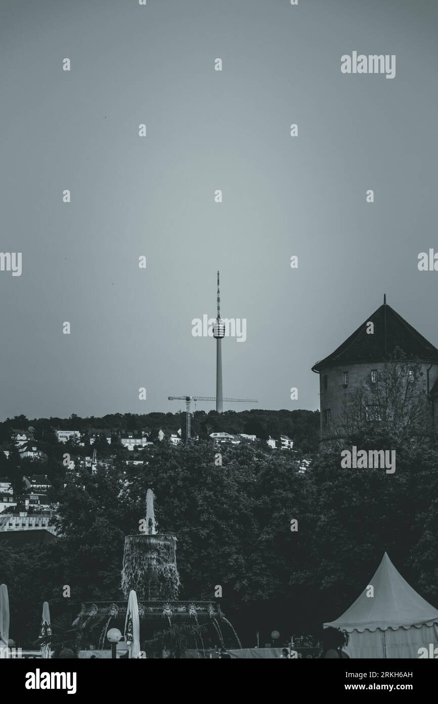 A vertical of TV tower in Stuttgart, Germany in grayscale Stock Photo ...