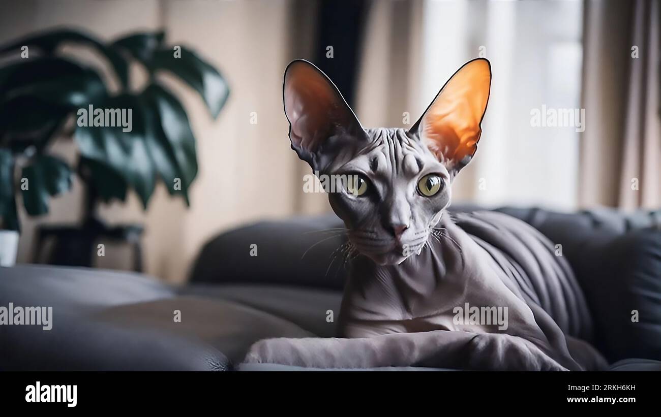 An intimate closeup shot of a unique hairless sphynx cat lounging ...