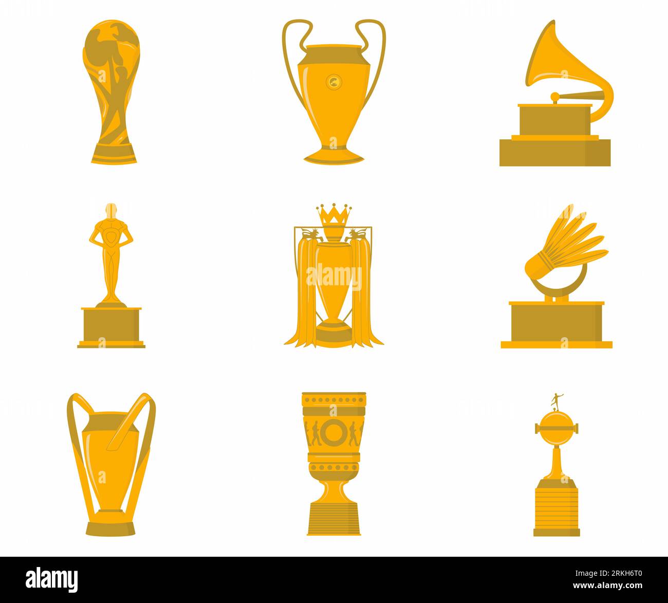 Set of different premium golden trophy cups such as Football ...