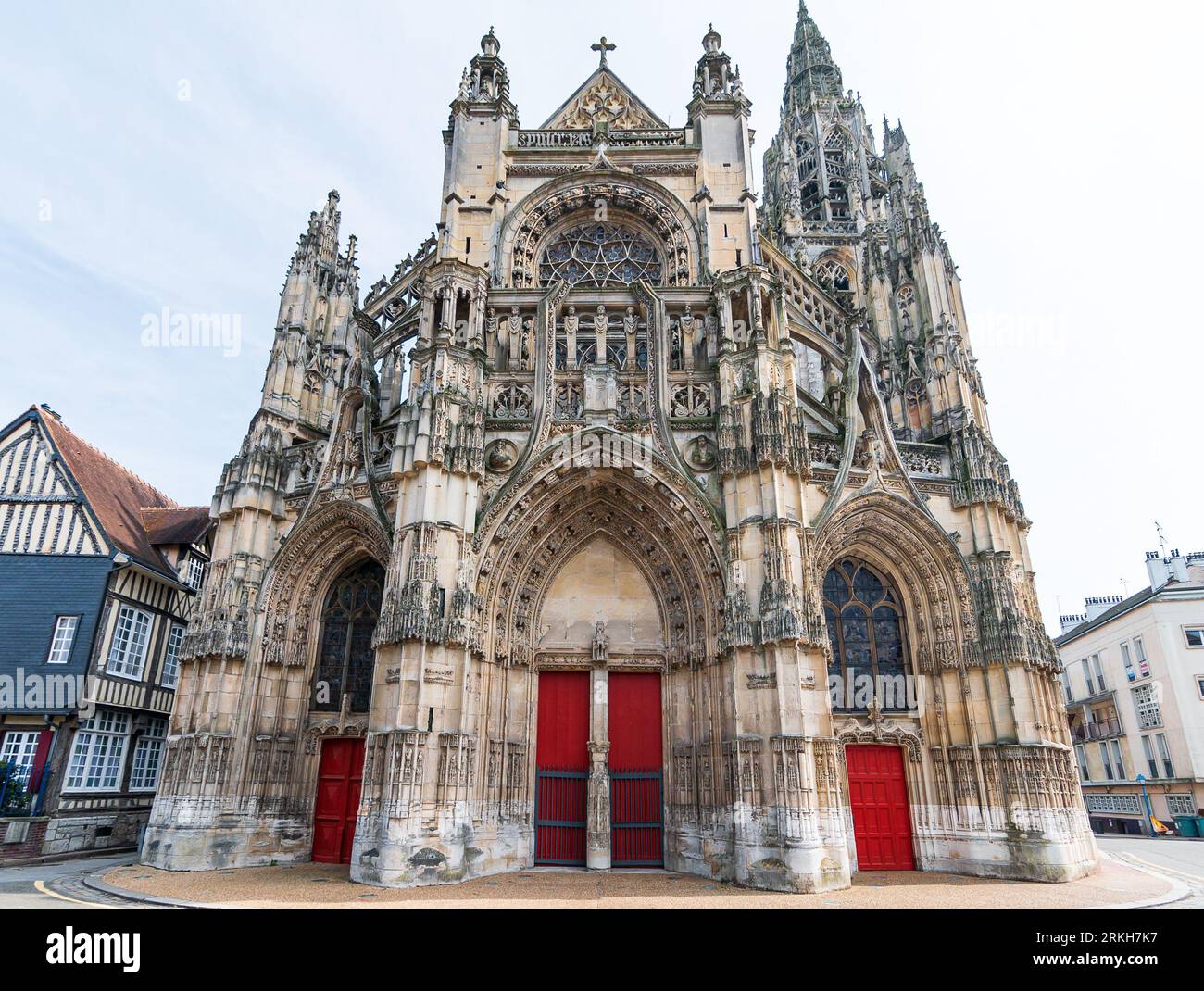 A low angle of the entry of the Eglise Notre Dame in Caudebec-en-Caux ...