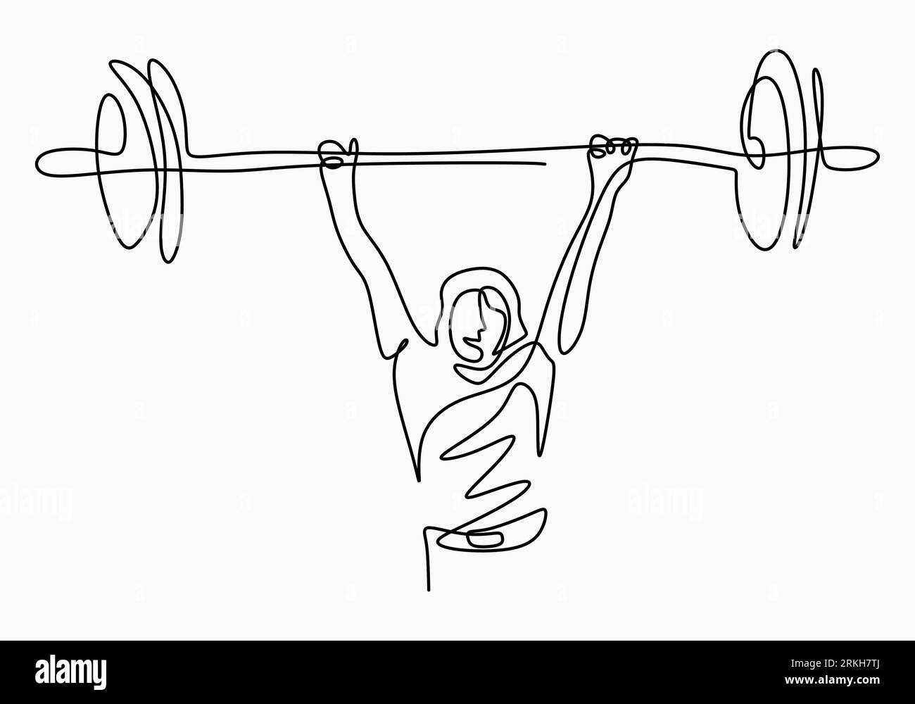 Continuous line drawing of young strong weightlifter woman preparing ...