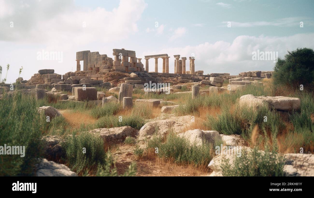 An aged stone structure stands on the ground among a cluster of rocks ...