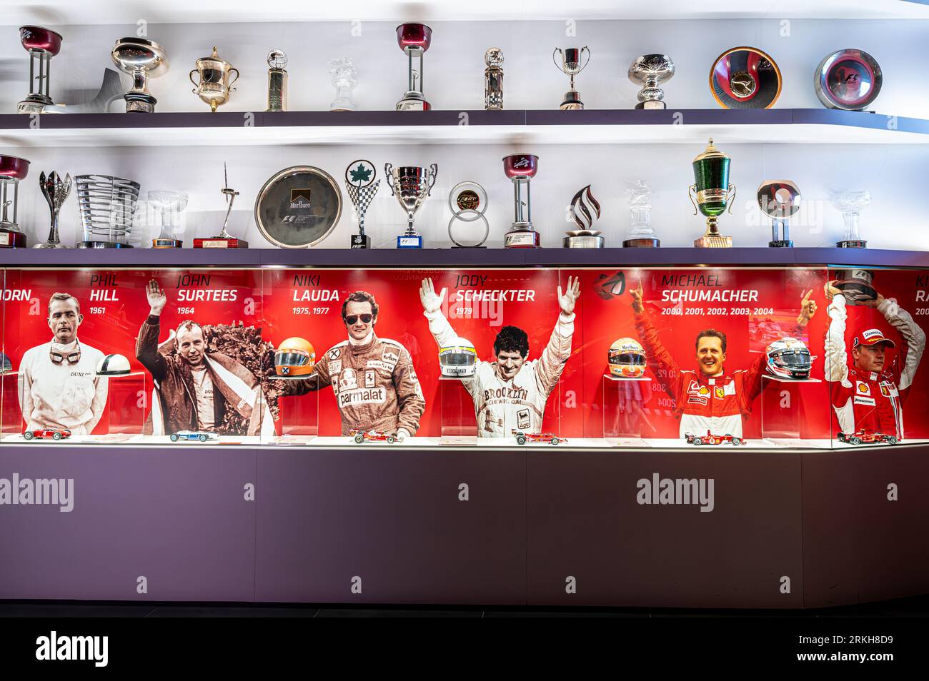 An array of vintage world championship trophies in the Ferrari museum ...