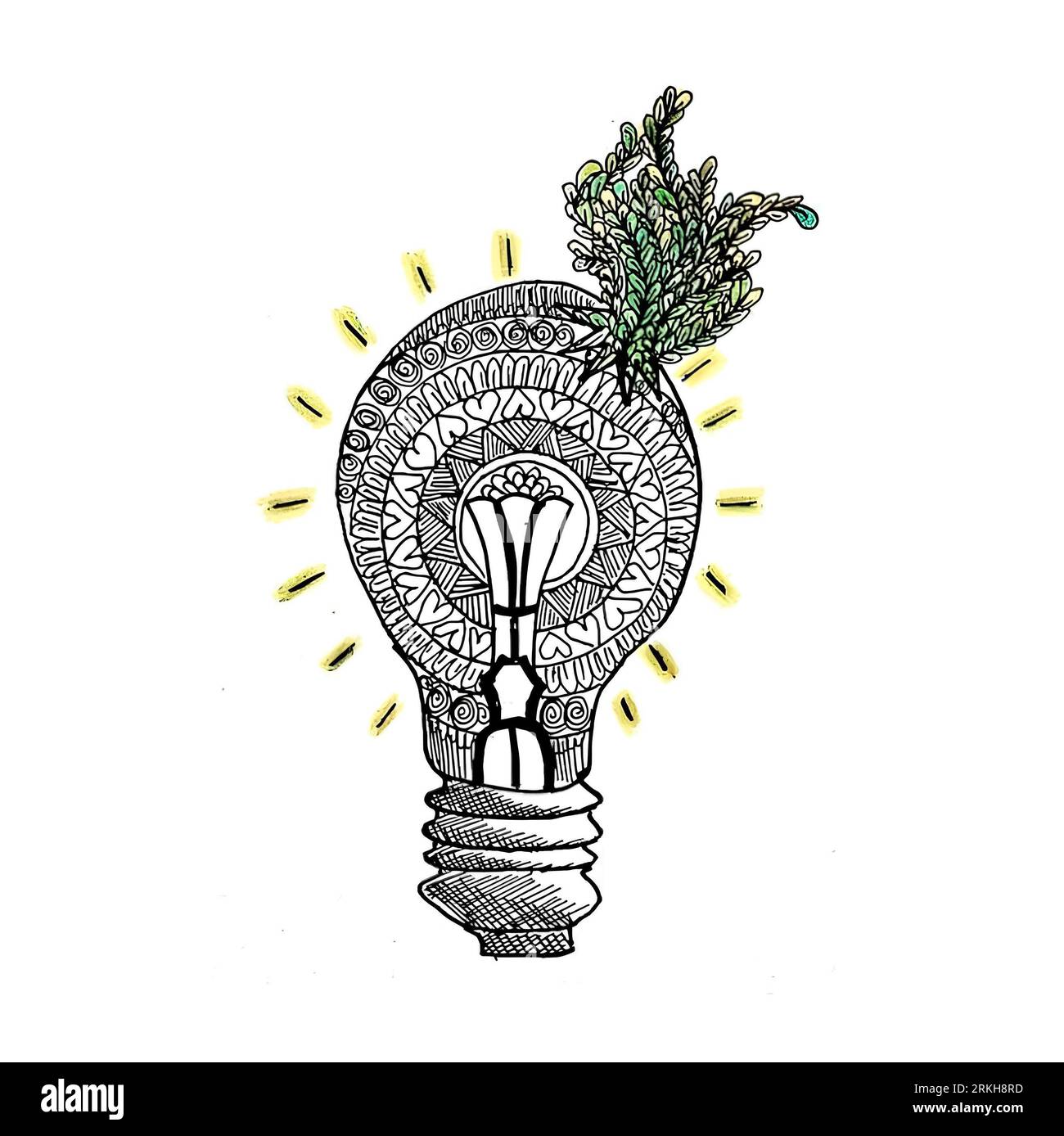 A vibrant green plant illustration in a tattoo-style light bulb on a ...