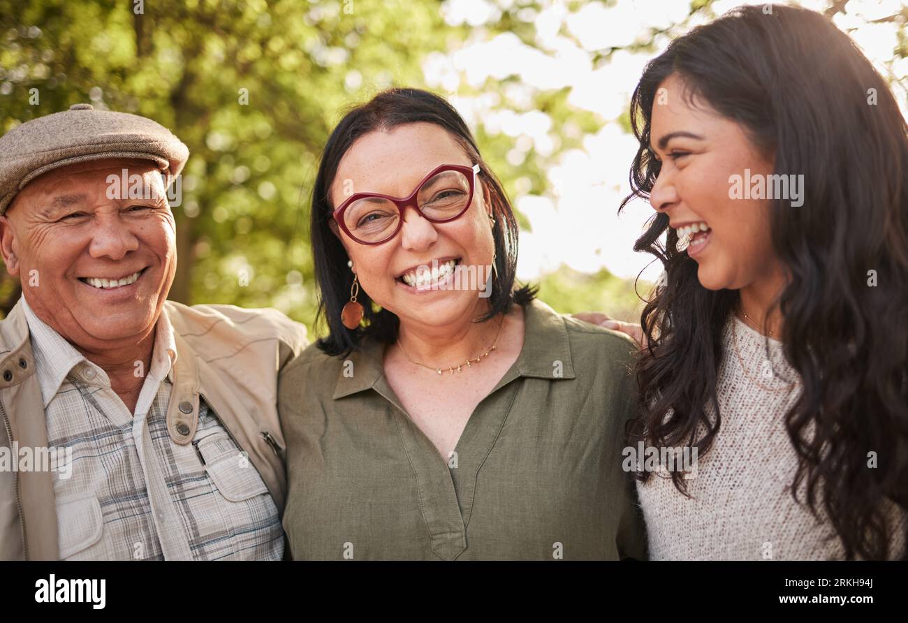 Portrait, mature parents and daughter laugh at retirement joke, goofy ...