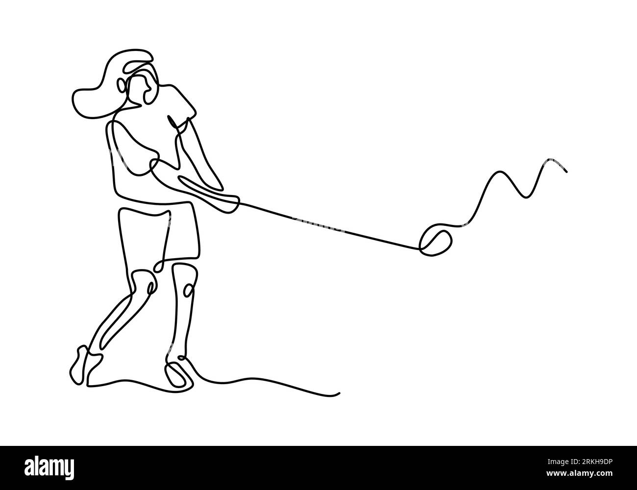 One continuous line drawing of young happy woman golf player swing the ...