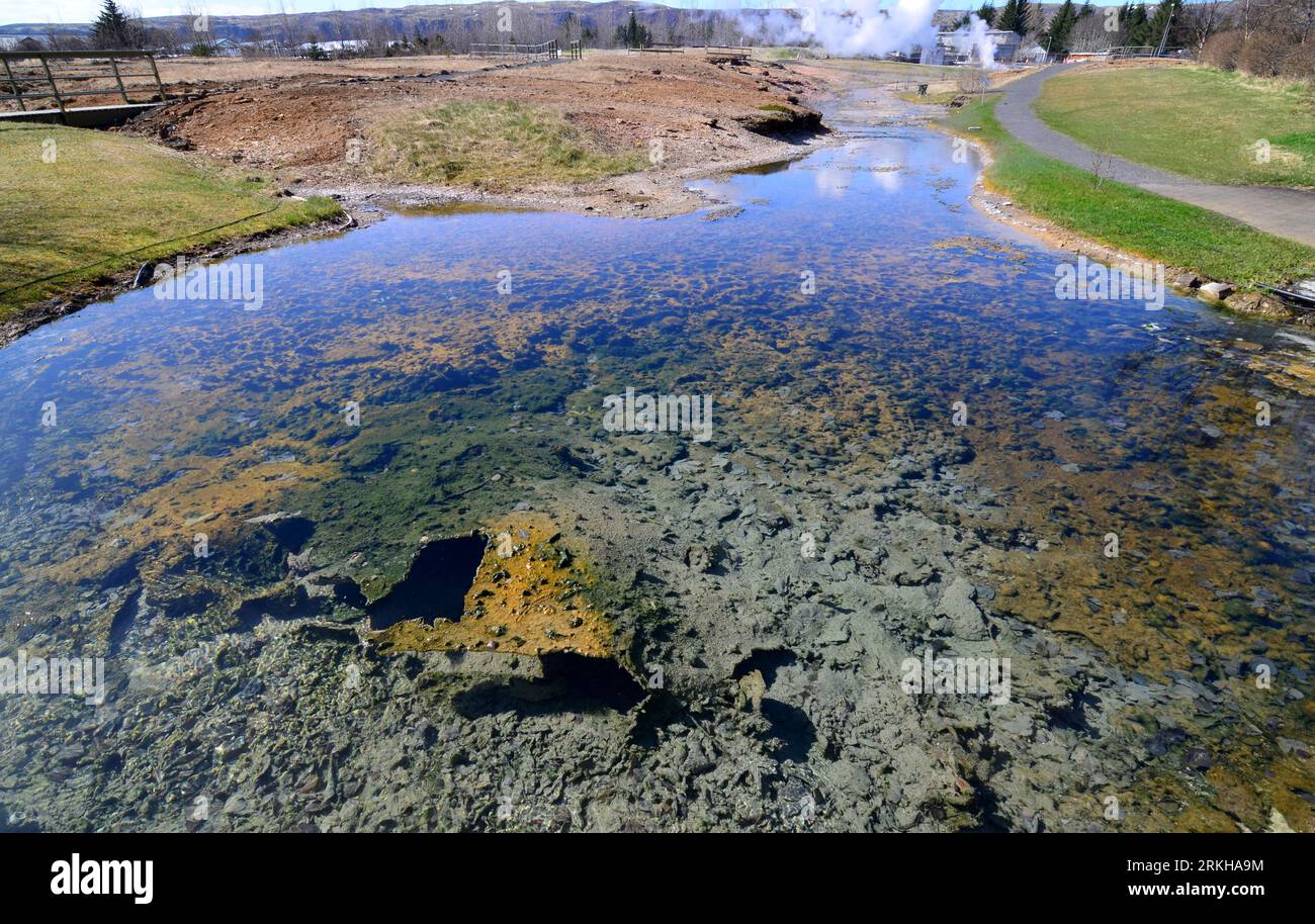 Geothermal park with Hveragerdi hot springs in southern Iceland Stock ...
