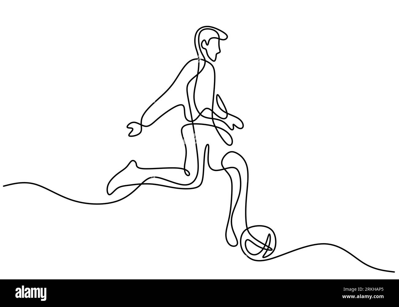 Continuous line drawing a football player kicks the ball. Young ...