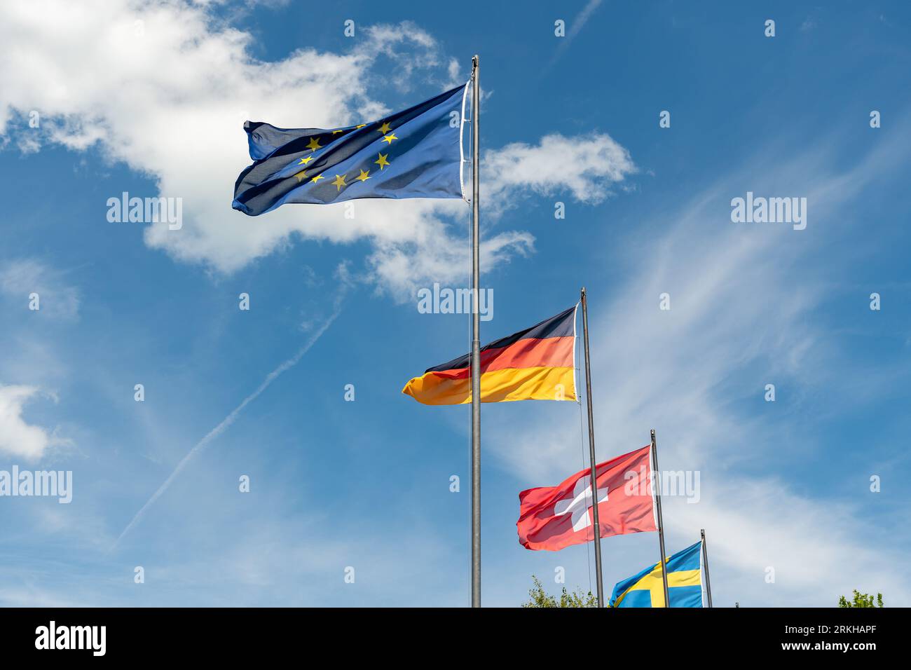 Mainau, Germany, July 20, 2023 Flag of the european union is waving ...