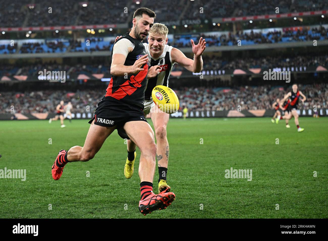 Melbourne, Australia. 25th Aug, 2023. Kyle Langford of Essendon (left ...