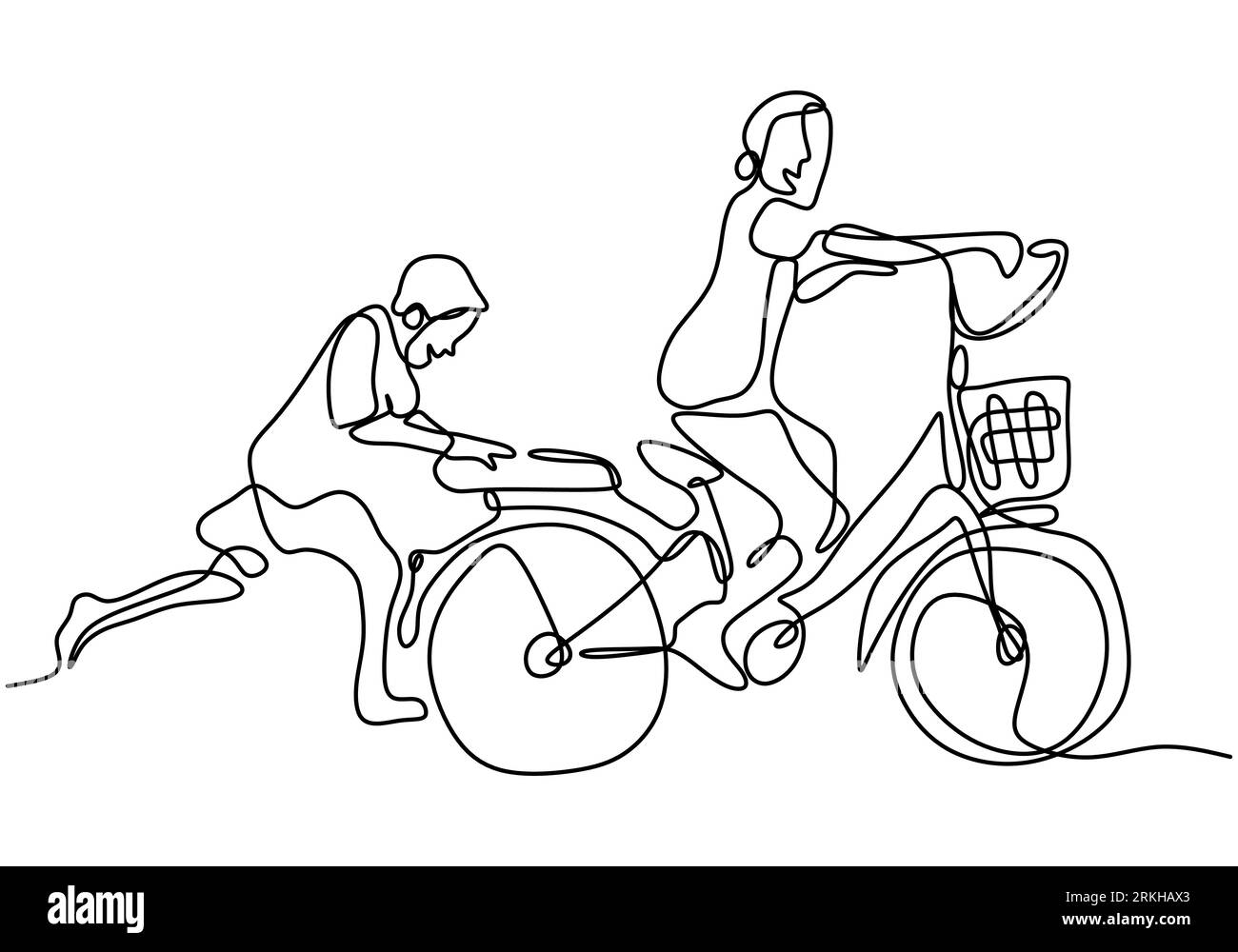 One continuous drawn line of a son teaches his sister to ride a bicycle ...