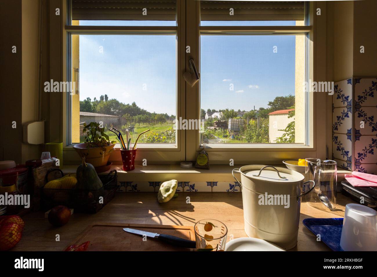 Looking through window in kitchen of a new rural house, Hungary Stock ...