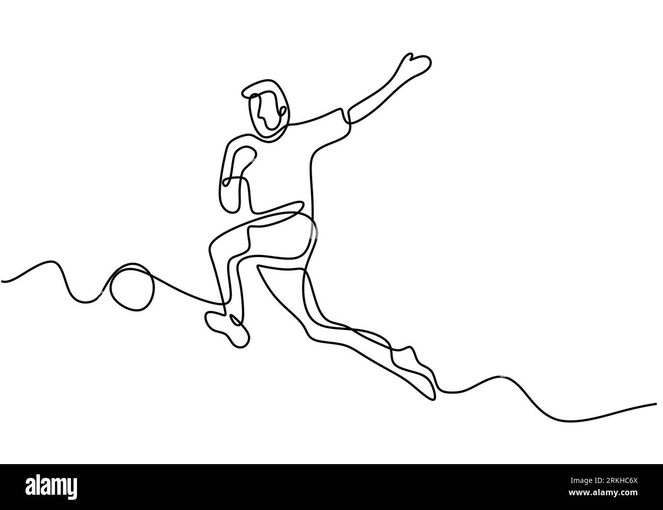Continuous one line drawing a male soccer player in shorts kicks the ball. Young energetic guy ...