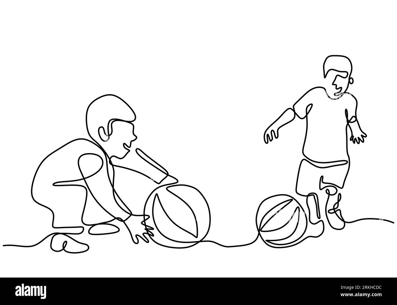 Two little boy playing together one continuous line drawing vector ...